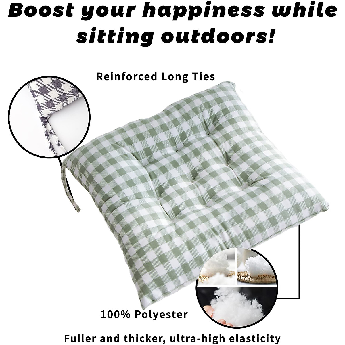 BUENA DECOR Kitchen Chair Cushions with Ties, Set of 2 Buffalo-Checked Dining Chair Pads Seat Cushions for Kitchen Chairs, 16x16 inches Buffalo-Plaid Christmas Decoration (Grey & White), (BD893569-2)