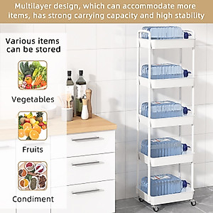 JIUYOTREE 5-Tier Rolling Storage Cart Utility Cart with Lockable Wheels for Living Room Bathroom Kitchen Office White