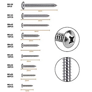 WELLOCKS Wood Screws 235 PCS 304 Stainless Steel M3/M4/M5/M6 Round Head Self Tapping Screws Assortment Set Rust Proof Wood Screw Kit with Storage Box for Homemade, Repairment, Woodwork Indoor(D035)