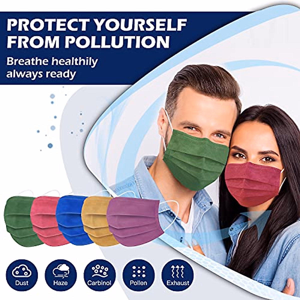 XDX Disposable Face Masks Individually Wrapped, 50PCS Face Mask for Women Men 3-Ply Protective Breathable Multicolored Design for Adults (50PCS, 5 Colours)