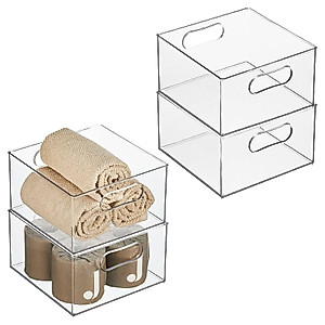 mDesign Deep Plastic Stackable Storage Organizer Container Bin, Bath & Shower Organization for Cabinet, Cupboard, Shelves, Counter, or Closet - Holds Shampoo, Vitamins, Ligne Collection, 4 Pack, Clear