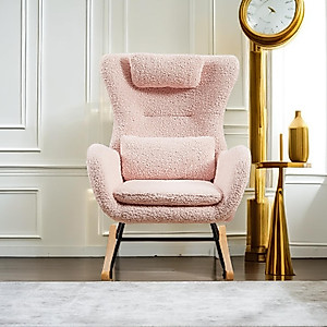 TMEOSK Small Rocking Chair Nursery, Modern Rocking Chair with Side Pockets and High Backrest, Comfy Accent Glider Chair with Headrest and Lumbar Pillow for Living Room, Bedroom (Pink)