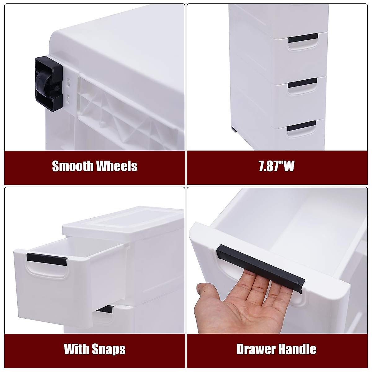 5 Drawers Narrow Slim Plastic Storage Cabinet,Storage Drawer with 4 Wheels,5 Tier Drawers Dresser,White