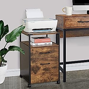 Fameill Rolling Filing Cabinet 2 Drawer File Cabinet Industrial Printer Stand for Home Office Small Under Desk Cabinet with Open Shelf,Storage Cabinet for A4, Letter Size, Rustic Brown