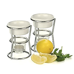 RSVP International Kitchen Collection Butter Warmer Set, Includes Stoneware Cups, Glass Tealight Holder, Candles and 5-Inch Tall Chrome Wire Frames, 1/3-Cup Capacity, White