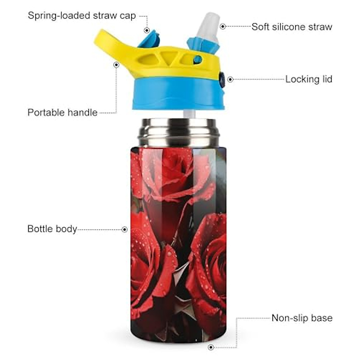 Stainless Steel Water Bottles Romantic Red Roses Travel Water Cups with Handle And Silicone Straw Drinking Cup with Leak Proof Lid Thermo Travel Mug for Women Men