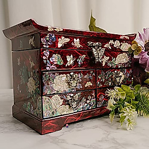 February Mountain Mother of Pearl Wooden Jewelry Organizer Box – Jewelry Storage Box for Women, Features Spacious Drawers, Ideal for Rings, Bracelets, Watches, Chains, Accessories (Peony_Red)