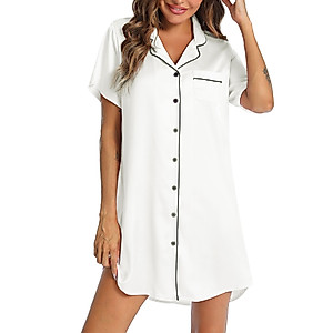 Senert Satin Nightgown For Women Short Sleeve Silk Nightshirt Button Down Pajamas Dress Boyfriend Sleepshirt White,Large