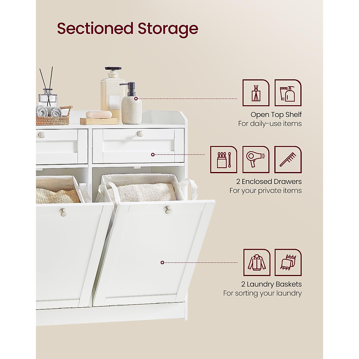 VASAGLE Bathroom Laundry Cabinet with Basket, with 2 Drawers and 2 Hidden Laundry Hampers, Freestanding, Tilt-Out Laundry Baskets with Handles, 15.8 x 31.1 x 31.5 Inches, Cloud White UBBC751W01