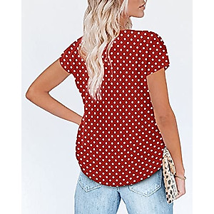 Women's Casual Round Neck Basic Pleated Business Tops Cap Sleeve Curved Keyhole Back Chiffon Blouse Red Polka Dots Small