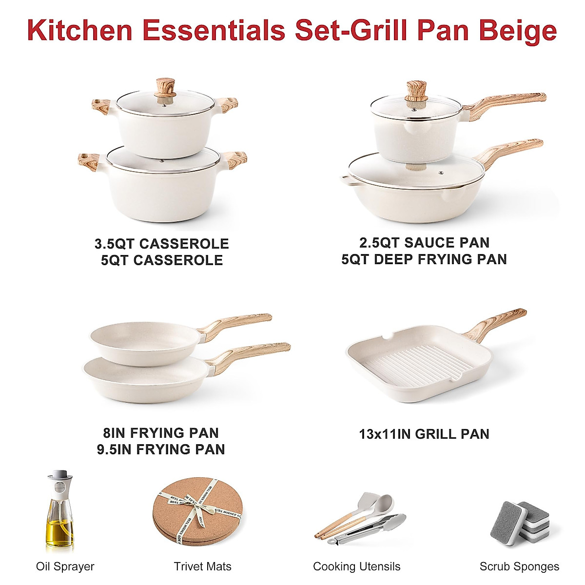 Pots and Pans Set - Caannasweis Nonstick Granite Stone Cookware Sets, Induction casseroles & Saucepan & Frying Pans for Cooking, PFOS PFOA Free, Grill Pan Gray
