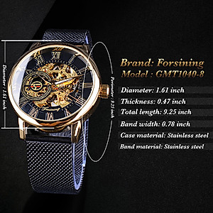 FORSINING Steampunk Watches for Men Hand Wind Watches Retro Design Staem Punk Mechanical Skeleton Wrist Watch Transparent Business Mesh Band Watch (Golden-Black)
