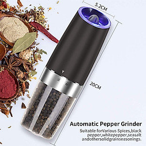 Electric Gravity Salt and Pepper Grinder set of 2, Automatic Salt and Pepper Mill Grinder, Adjustable Roughness, Battery Powered, Blue LED Light, Stainless Steel with One Hand Operation (Black)
