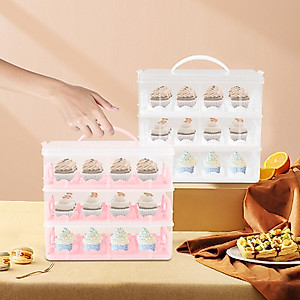 RENFANSHOP 3 Tier Cupcake Packing Box with Lid，Cupcake Muffin Carrier with Lid White Cakes Food Transporter Container Holds 36 Cupcakes or 3 Large Cakes Food with 3 Tier Stackable Layer Insert