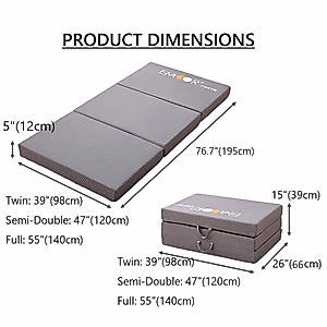 EMOOR 5-in Tri-Fold Mattress Grand High Resilience (220/180N) Urethane Foam, Japanese Twin Size (39 x 76.7in), Removable Cover Floor Sleeping Futon Bed Tatami Portable, Gray