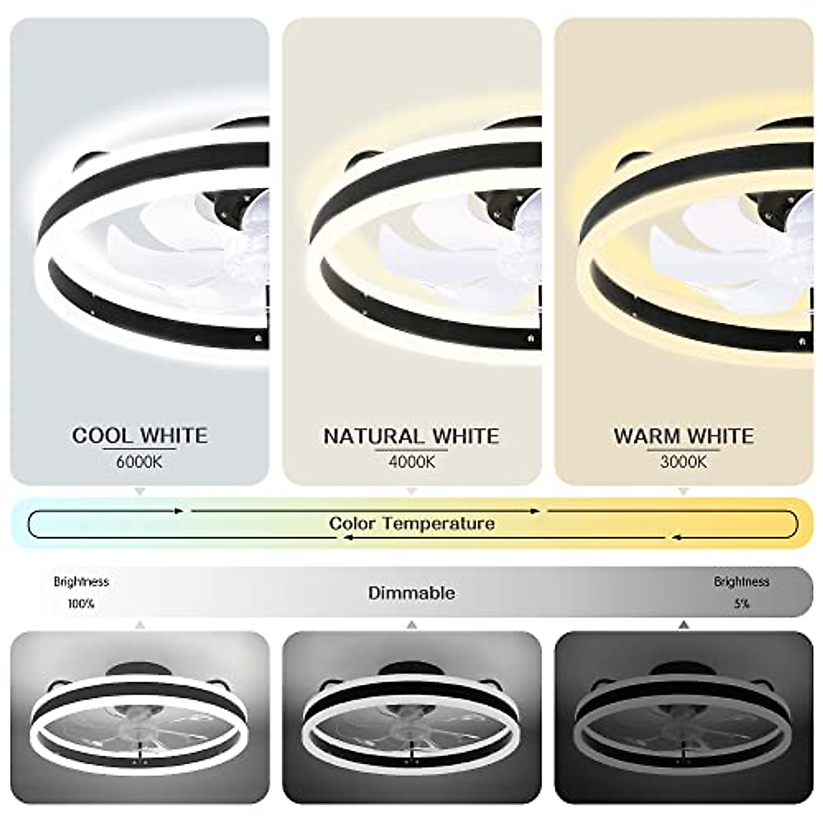 Bella Depot Ceiling Fans with Lights, Low Profile Ceiling Fan with Light, Flush Mount LED Ceiling Fan with Dimmable LED Lights, Reversible Blades, Timing, Smart APP Control for Bedroom (Black)