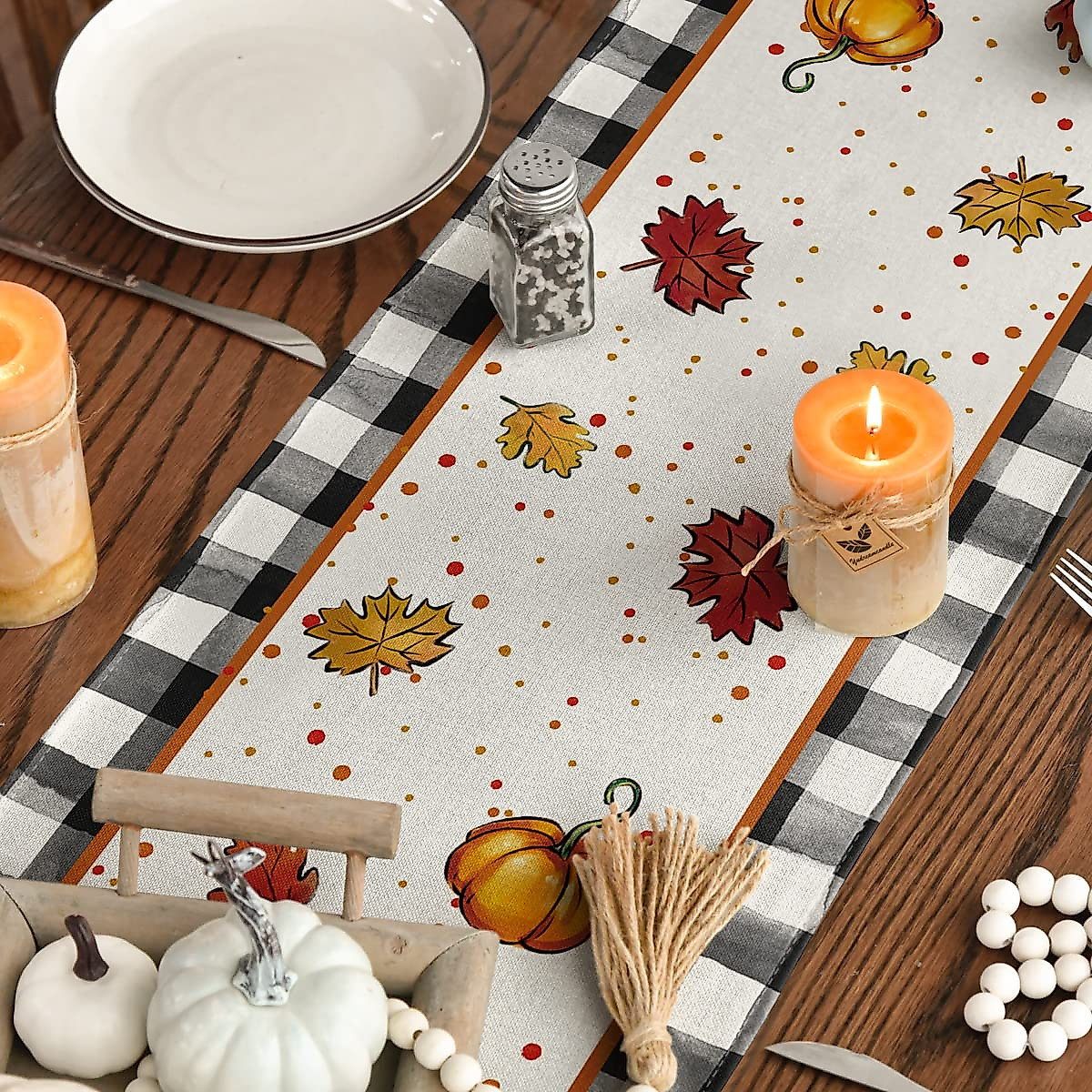 Artoid Mode Buffalo Plaid Gnome Pumpkin Maple Leaves Fall Table Runner, Autumn Kitchen Dining Table Decoration for Indoor Outdoor Home Party 13x72 Inch