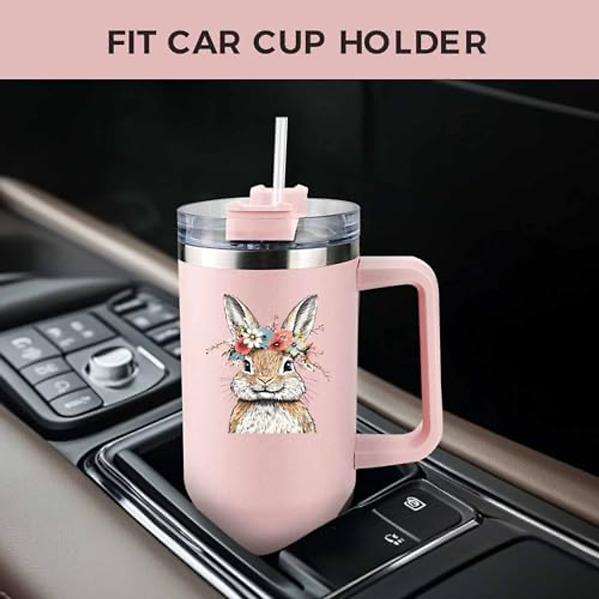 LB LEOBON 40 ounce insulated cup with handle, double-layer vacuum stainless steel material, equipped with straw, can keep warm or maintain cold drinks Easter Rabbit H Light pink
