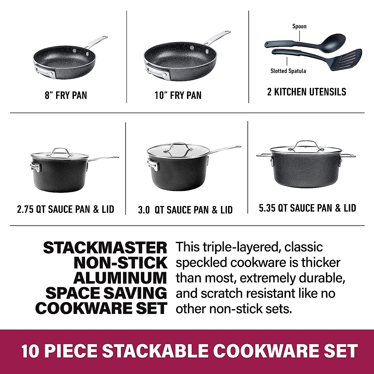 Granitestone Stackable Pots and Pans Set Nonstick, 10 Piece Space Saving Complete Kitchen Cookware Set with Ultra Nonstick Mineral & Diamond Coating, Oven & Dishwasher Safe, Healthy & Toxin Free-Black