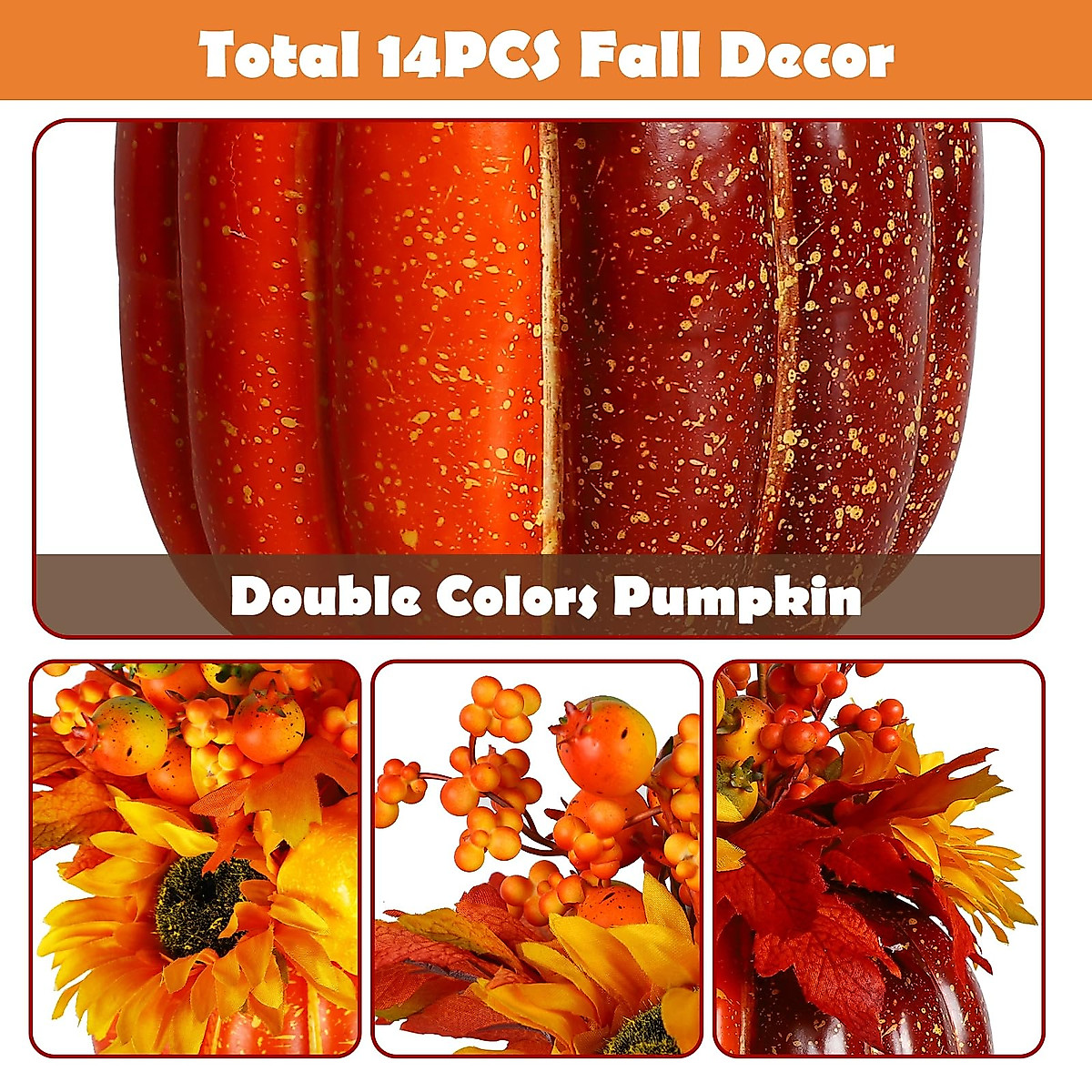 Roseeyo 11 Inch Lighted Pumpkin Decor, Thanksgiving Decorations Artificial Pumpkin with 30 LED Lights 9 Maple Leaves 2 Pumpkins 2 Berry Stems Sunflower Straw, Autumn Pumpkin Home Table Decorations