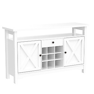 4ever2buy Farmhouse Coffee Bar Cabinet with Storage, White Coffee Bar with Drawer, Kitchen Buffet Cabinet with Barn Door, Wine Bar Cabinet with 9 Wine Racks for Dining, Living Room