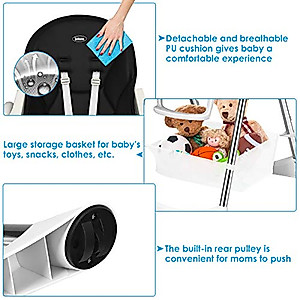 INFANS Foldable High Chair with Large Storage Basket - Adjustable Heights, Recline & Footrest, Removable PU Cushion, Detachable Double Trays, 5-Point Safety Harness for Baby, Infants & Toddlers