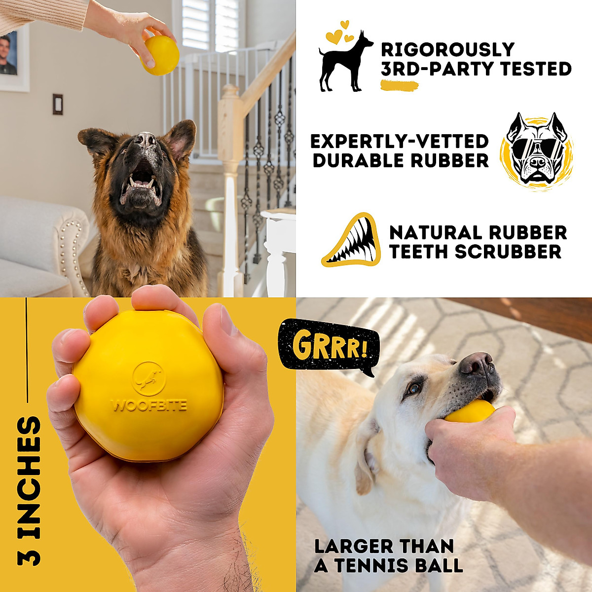 WoofBite Indestructible Dog Ball - Lifetime Replacement - Medium & Large Breed - Ultra Durable for Aggressive Chewers - Natural Rubber - Fetch Tug & Chew - 3in - Yellow (Highly Visible Color for Dogs)