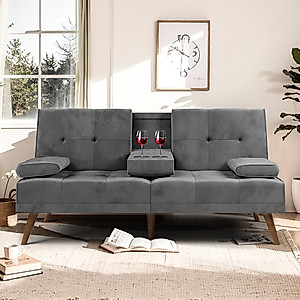 Meilocar Sofa Bed Velvet, 60" Loveseat Futon Sofa Bed with Removable Armrests, Adjustable Recliner Guest Bed Daybed Sofa for Small Space, Cup Holders, 3 Angles, Gray