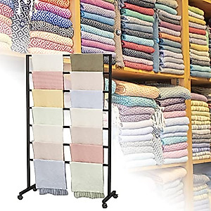 Freestanding Metal Scarf Display Rack with Wheels, Hanging Silk Shawl Fabric Pant Sheet Towel Organizer Rack, Tie Holder, Accessory Storage Rack for Clothing Retail Store Boutiques Home