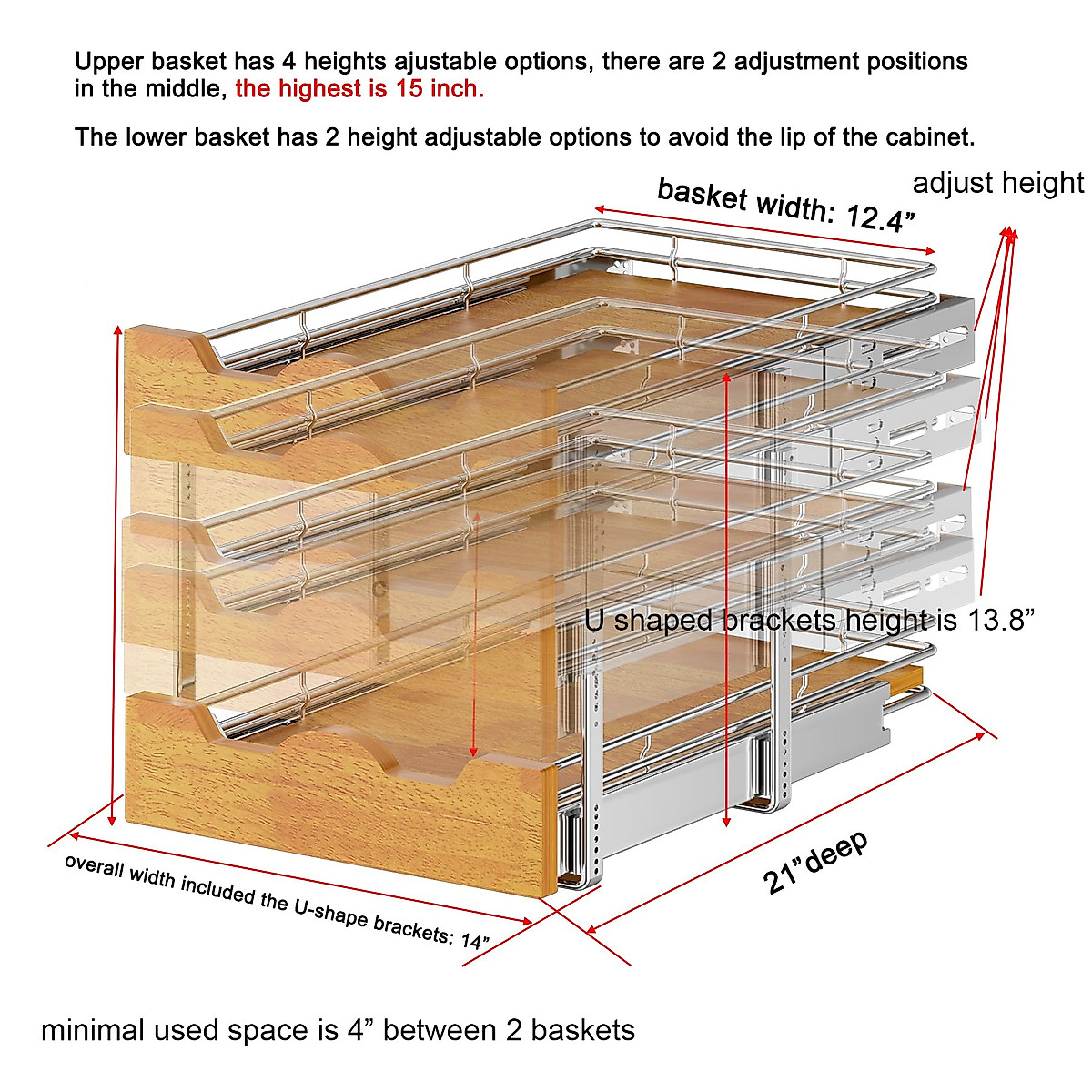 DINDON 2 Tier Pull Out Cabinet Organizer (14" W x 21" D) Slide Out Wood Shelf Double Tier Kitchen Wire Basket with Chrome Finish…