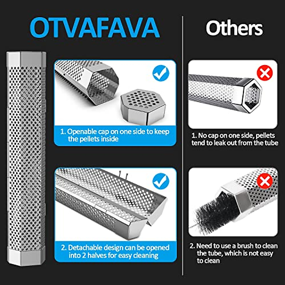 Smoke Tube, OTVAFAVA Upgraded Detachable 12'' Smoke Tube with Cap for Pellet Grill, Stainless Steel Hexagon BBQ Wood Pellet Smoker Tube for Any Grill or Smoker, Hot or Cold Smoking, Easy to Clean