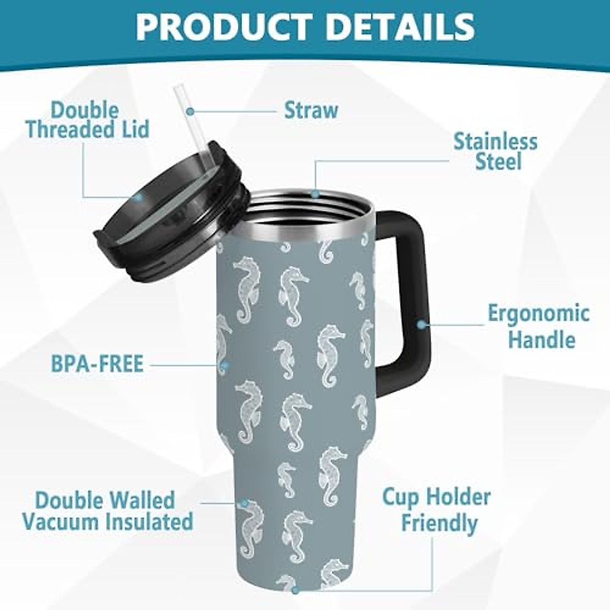 SDMKA 30oz Stainless Steel Tumbler with Straw and Handle, Vacuum Insulated Double-Walled Travel Mug, BPA-Free Leakproof Cup for Hot/Cold Beverages, Seahorses