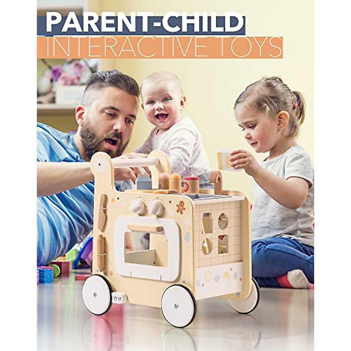 ROBOTIME Baby Push Walker Wooden Strollers,4 in 1 Multiple Activities Center Learning Activity Walker Toys, Suitable for Toddlers Kid 12Mos+ with Bakery Kitchen,Shape Sorter and Movable Slider