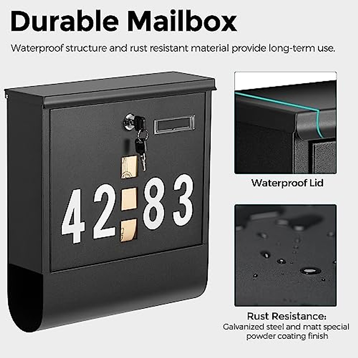 LAND·VOI Locking Mailbox with 4 Keys, Wall Mounted Metal Postbox，Nameplate, Newspaper Holder, Easy to Install, 3.4 x 11.8 x 13.3 Inches, Includes Vinyl Mailbox Numbers, Matt Black