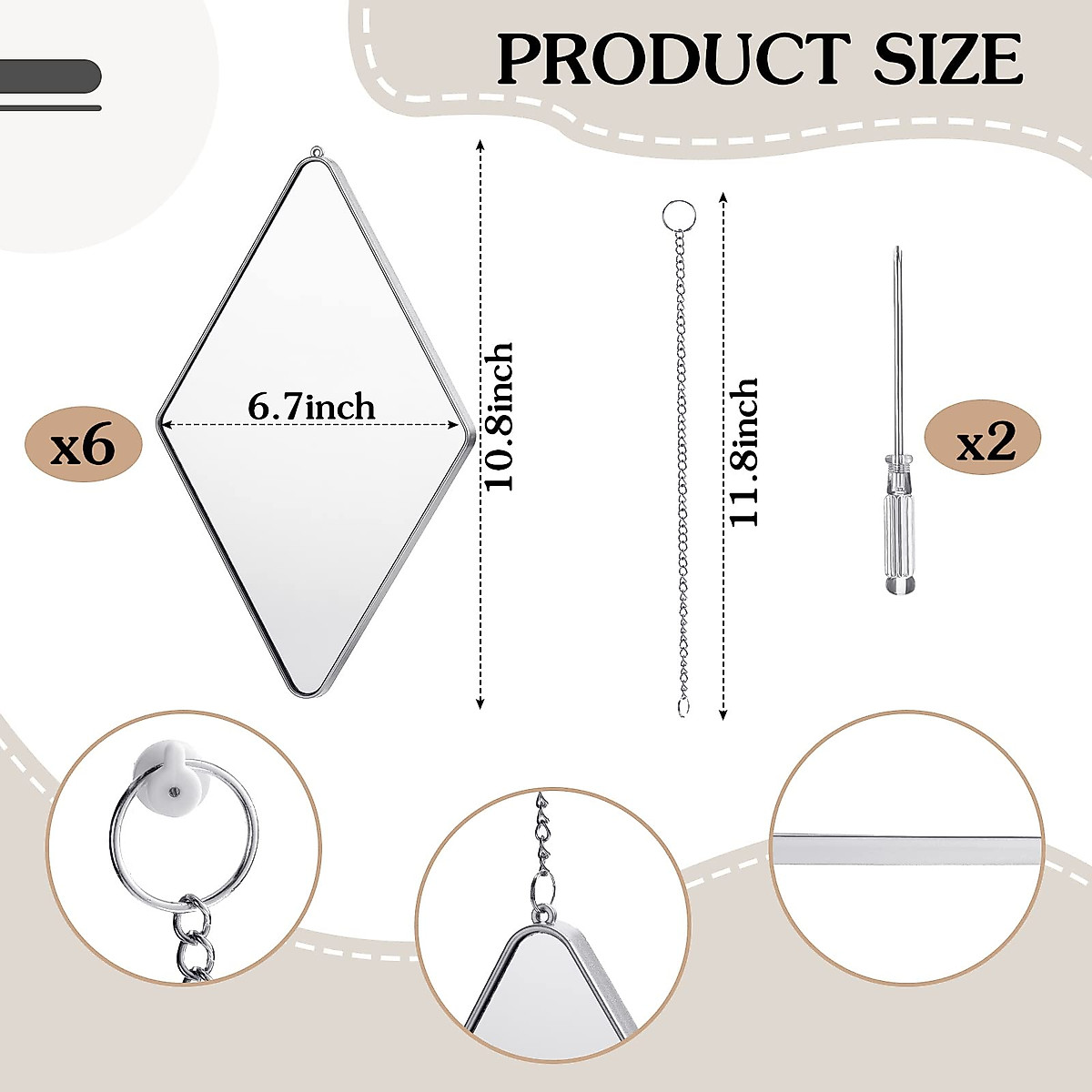 6 Pack Mirror Wall Decor Set with 2 Screwdriver Diamond Hanging Wall Mirror with Chain Silver Frame Decorative Chain Mirror for Home Living Room Entryways Bathroom Farmhouse Wall Decor, 10.8x6.7inches