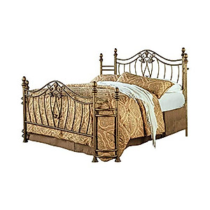 Benjara Metal Queen Headboard and Footboard with Swirling Floral Motifs, Antique Gold
