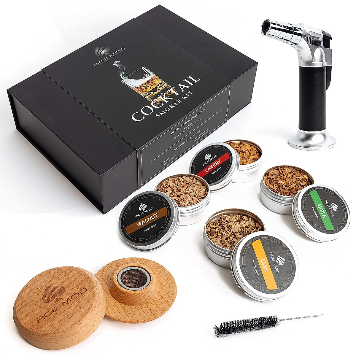 ACE MOD Cocktail Smoker Kit with Torch in Gift Box– 4 Flavors Wood Chips – Bourbon, Whiskey Smoker Infuser Kit, Smoked Old Fashioned, for Dad, Husband (NO Butane)