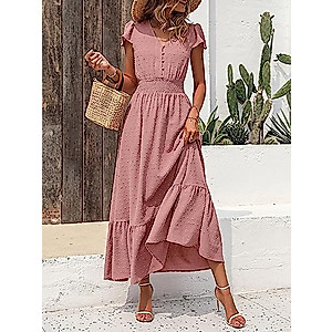 PRETTYGARDEN Womens Summer Flowy Boho Maxi Dress Short Sleeve Swiss Dot Long Dress V Neck Smocked Waist Beach Party Sundress (Pink, Large)