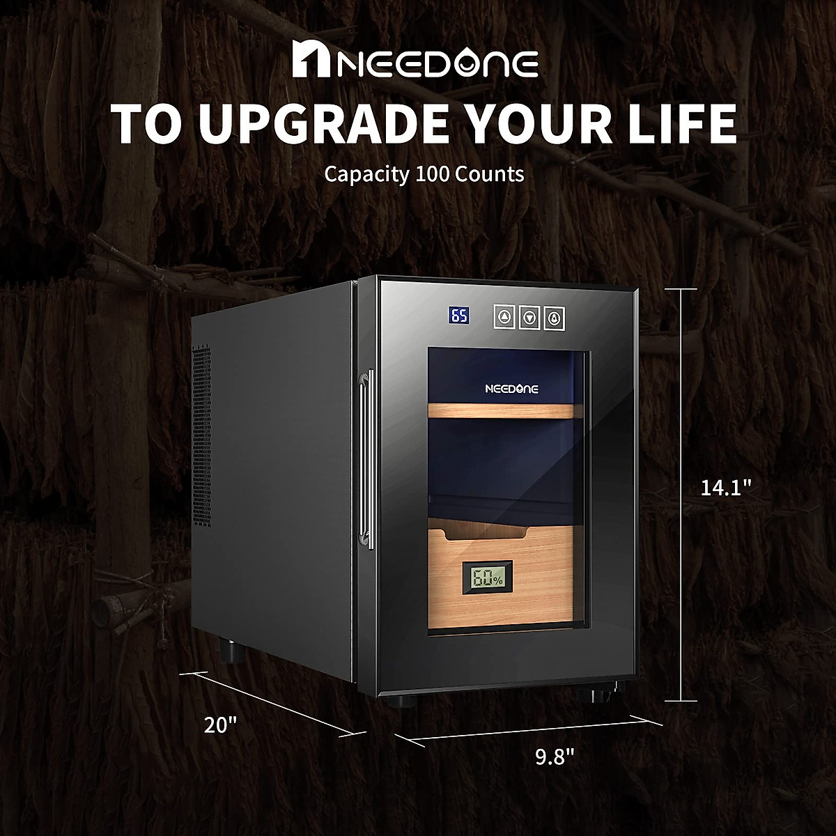 NEEDONE Humidor 16L, Electric Cooler Humidors for 100 Counts, Electronic Cabinet with Cooling Control, Spanish Cedar Wood Drawer Shelves, Digital Hygrometer Displays, Gift for Men