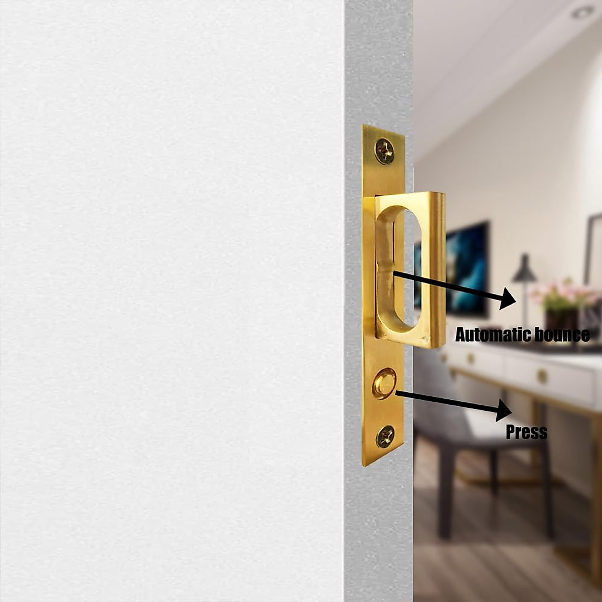 LWZH Brushed Nickel Pocket Door Edge Pull with Push Automatic Bounce Switch,Sliding Door Pull Hardware, Flush Hidden Handle (Gold)