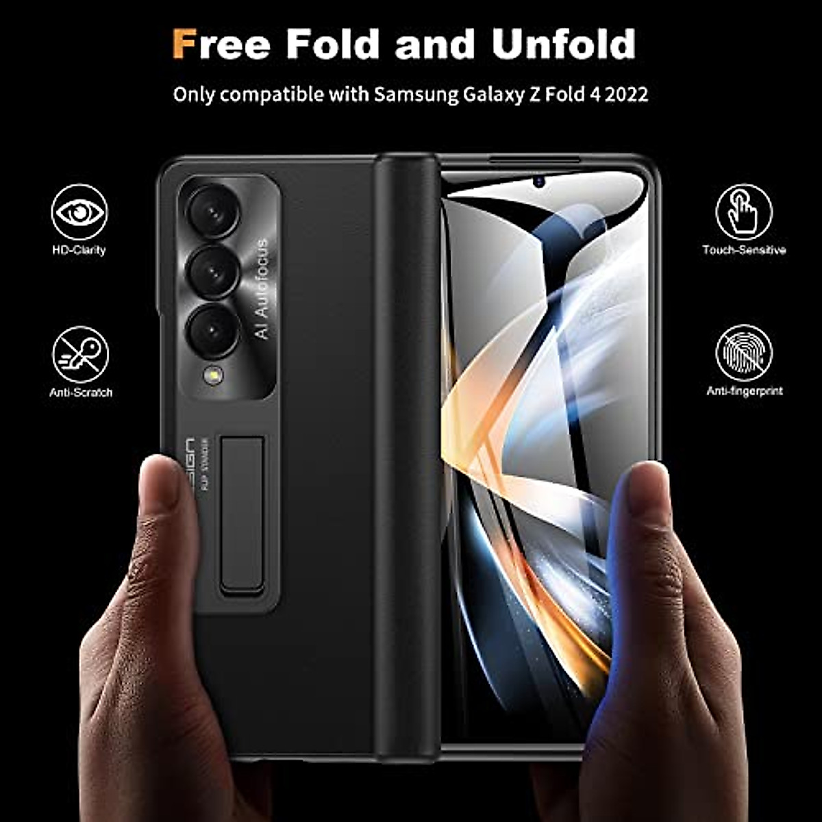 Kaiiecal Leather Galaxy Z Fold 4 Case: Genuine Skin Feeling, Built-in Screen Protector, Kickstand, Hinge Protection, Shockproof Cover - Black