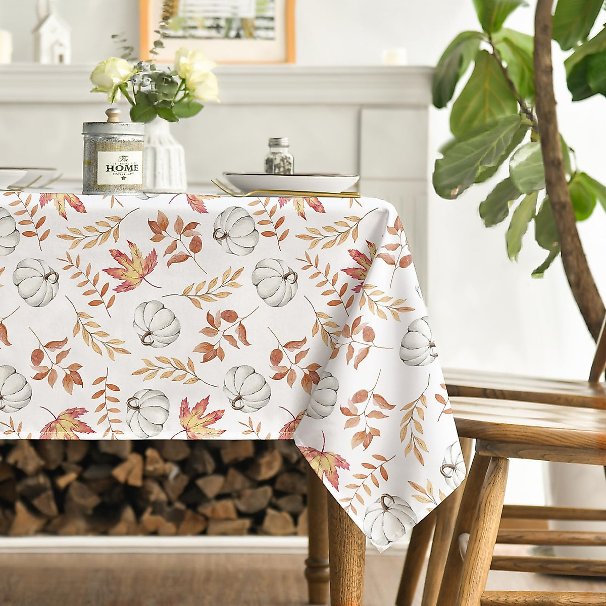Horaldaily Fall Tablecloth 60x84 Inch, Thanksgiving Autumn Harvest White Pumpkin Orange Leaf Table Cover for Party Picnic Dinner Decor