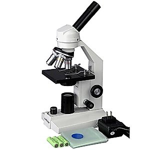 AmScope M200C-LED Cordless Monocular Compound Microscope, WF10x and WF25x Eyepieces, 40x-1000x Magnification, LED Illumination, Brightfield, Single-Lens Condenser, Coarse and Fine Focus, Plain Stage, 110V or Cordless Operation