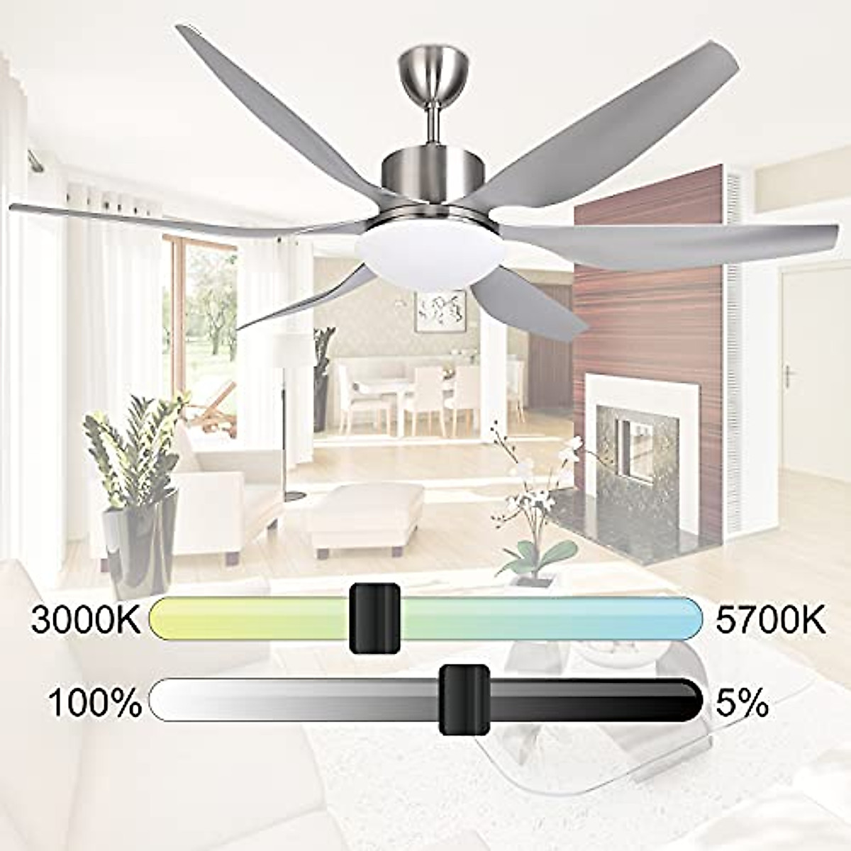 reiga 66" Modern Sleek Ceiling Fan with Dimming Light and APP Remote Control, 6 Matt Sliver Blades Reversible DC Motor for Kitchen, Bedroom, Patio