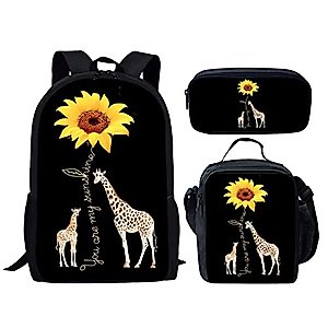 WELLFLYHOM Sunflower Giraffe Backpack Purse for Girls School Bag Lunch Box Cute Bookbag with Pencil Case for Kids Boys Primary Miidle High Students Satchel Rucksack Travel Daypack