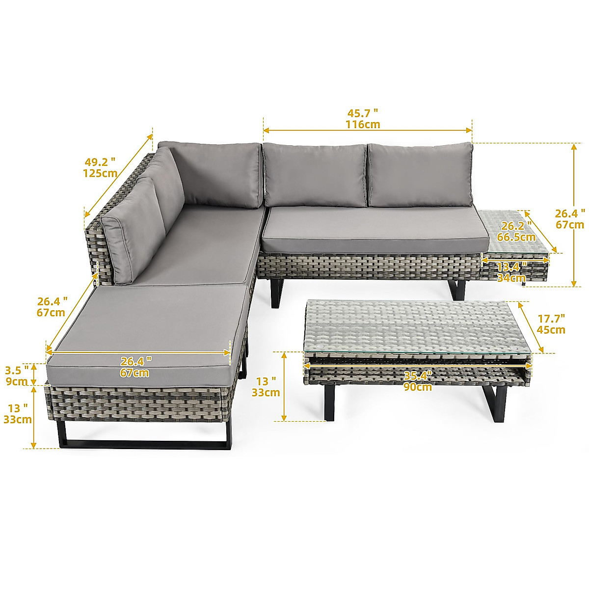 DWVO Patio Furniture Set, Sectional L-Shaped Sofa, for Patio Backyard Poolside Porch, Wicker Conversation Set with Coffee Table & Cushions, Detachable Lounger, All-Weather Rattan, Grey