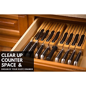 In-Drawer Bamboo Knife Block Holds 16 Knives (Not Included) Without Pointing Up PLUS a Slot for your Knife Sharpener! Noble Home & Chef Knife Organizer Made from Quality Moso Bamboo