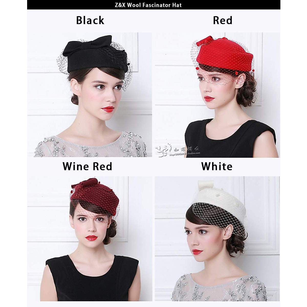 Z&X Winter Wool Fascinator British Pillbox Hat Women Wedding Church Derby Beret Hat Veil Bow Fedoras Black