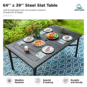 MFSTUDIO 7-Piece Metal Patio Dining Sets with 6 Steel Striped Armrest Chairs and 64" Rectangular Outdoor Dining Table,1.7" Umbrella Hole (Black)