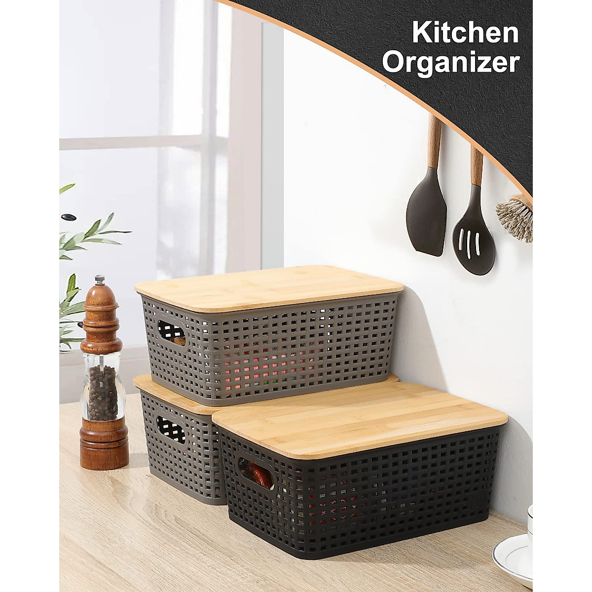 Storage Bins with Bamboo Lids Set of 6 Lidded Storage Container Plastic Baskets Organizer Bins for Organizing Kithen Room Bedroom Office Closet, Sturdy(Grey)